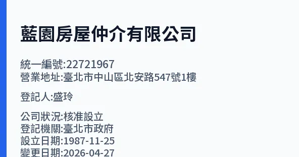 藍園房屋仲介有限公司的照片-統編 22721967(臺北市) 公司登記資料與營業項目詳細圖表