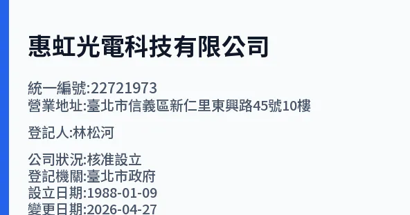 惠虹光電科技有限公司的照片-統編 22721973(臺北市) 公司登記資料與營業項目詳細圖表