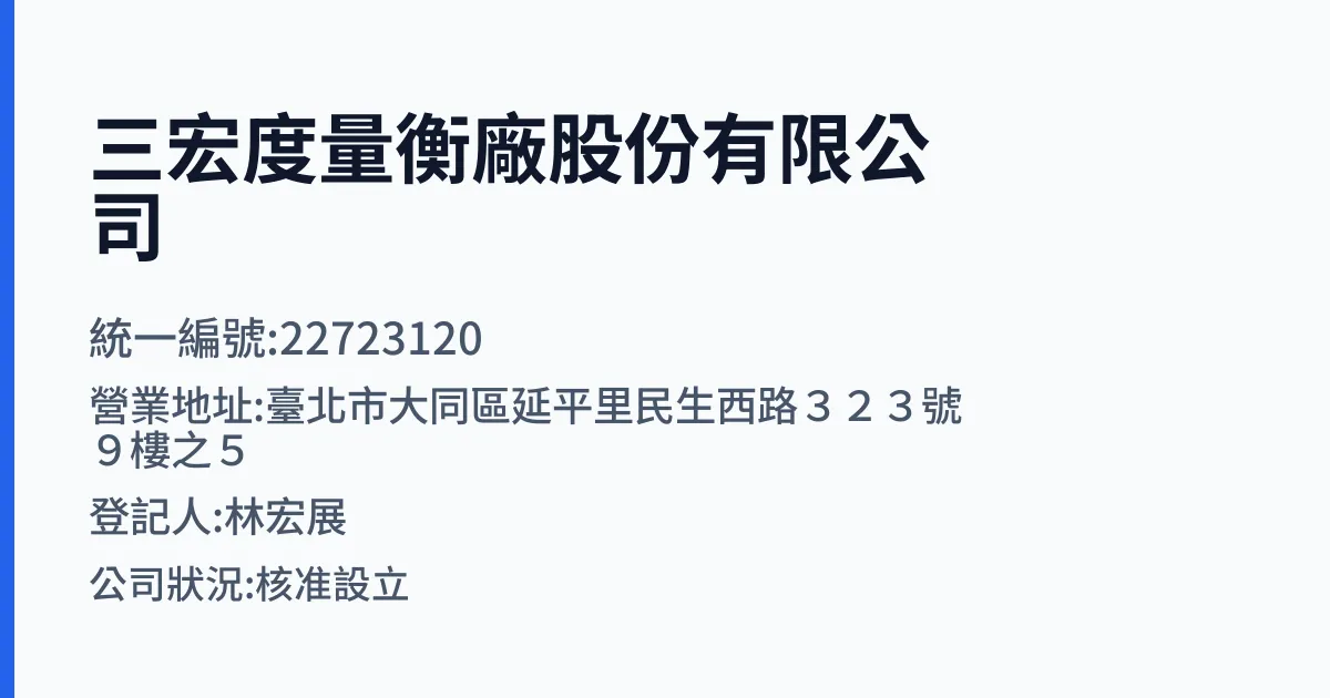 三宏度量衡廠股份有限公司 - 統編 22723120(臺北市) 公司登記資料與營業項目詳細圖表