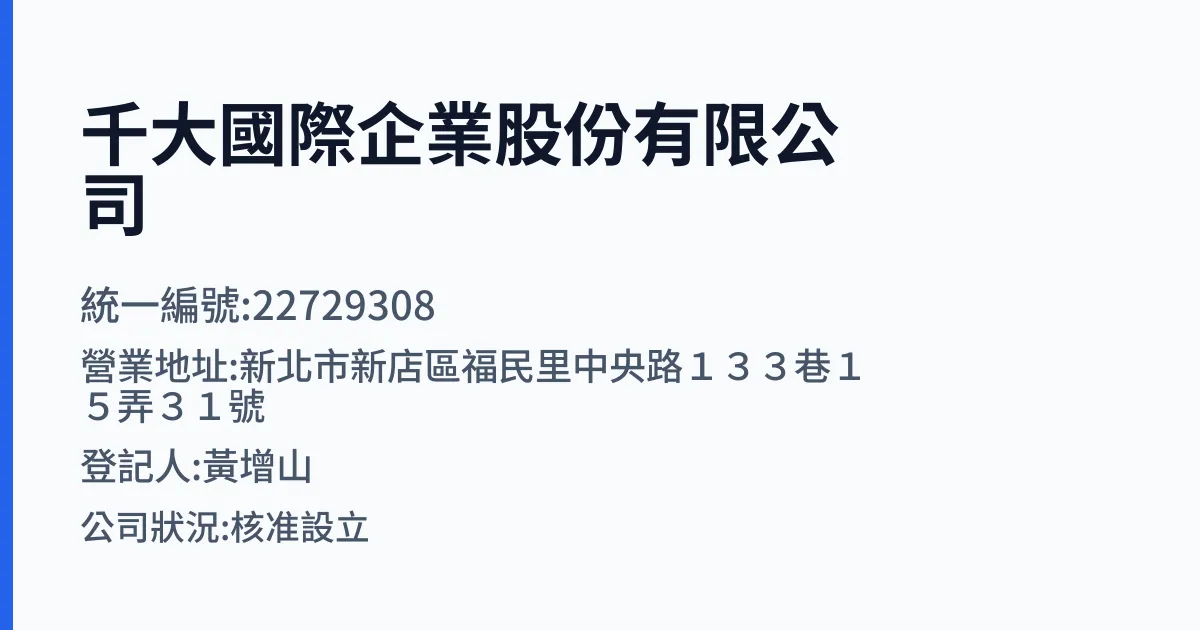 千大國際企業股份有限公司 - 統編 22729308(新北市) 公司登記資料與營業項目詳細圖表