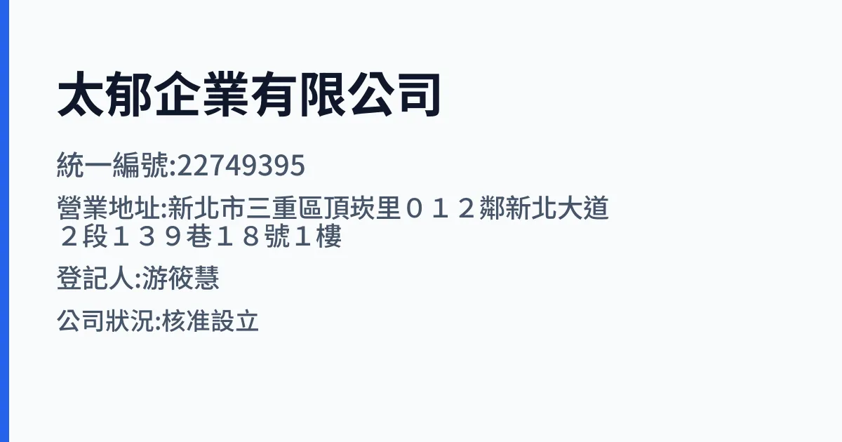 太郁企業有限公司 - 統編 22749395(新北市) 公司登記資料與營業項目詳細圖表