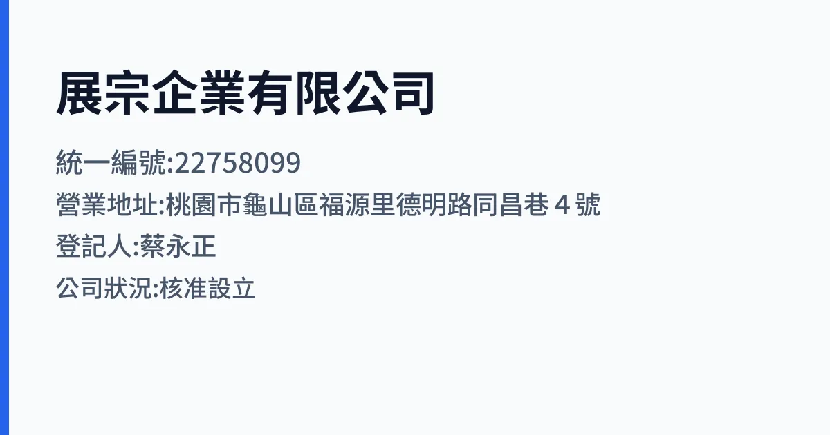展宗企業有限公司 - 統編 22758099(桃園市) 公司登記資料與營業項目詳細圖表