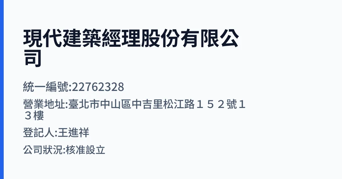 現代建築經理股份有限公司 - 統編 22762328(臺北市) 公司登記資料與營業項目詳細圖表