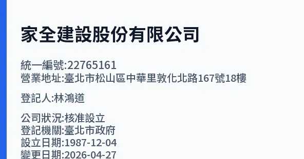家全建設股份有限公司的照片-統編 22765161(臺北市) 公司登記資料與營業項目詳細圖表