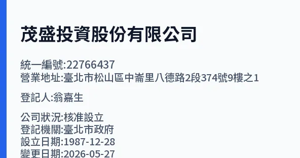 茂盛投資股份有限公司的照片-統編 22766437(臺北市) 公司登記資料與營業項目詳細圖表