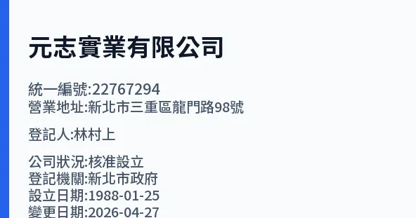 元志實業有限公司的照片-統編 22767294(新北市) 公司登記資料與營業項目詳細圖表