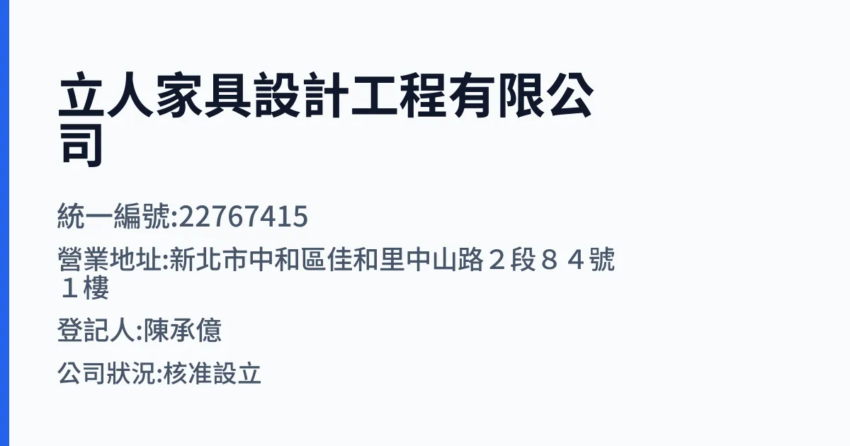 立人家具設計工程有限公司 - 統編 22767415(新北市) 公司登記資料與營業項目詳細圖表