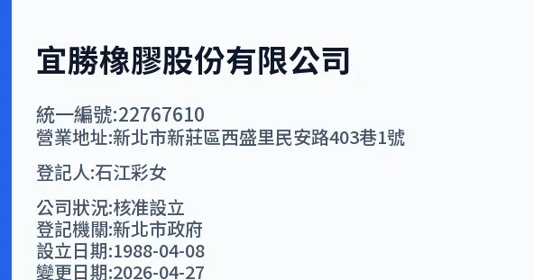 宜勝橡膠股份有限公司的照片-統編 22767610(新北市) 公司登記資料與營業項目詳細圖表