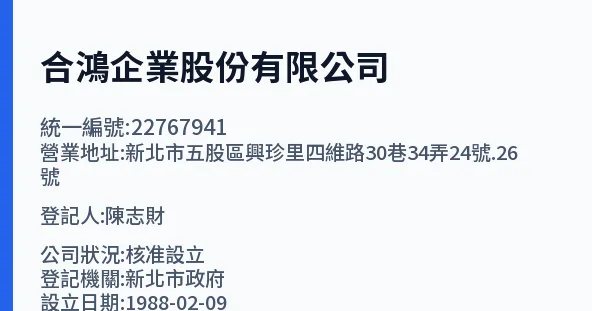 合鴻企業股份有限公司的照片-統編 22767941(新北市) 公司登記資料與營業項目詳細圖表
