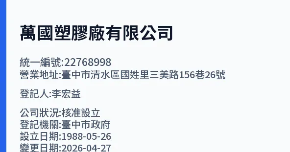 萬國塑膠廠有限公司的照片-統編 22768998(臺中市) 公司登記資料與營業項目詳細圖表