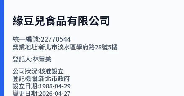 緣豆兒食品有限公司的照片-統編 22770544(新北市) 公司登記資料與營業項目詳細圖表