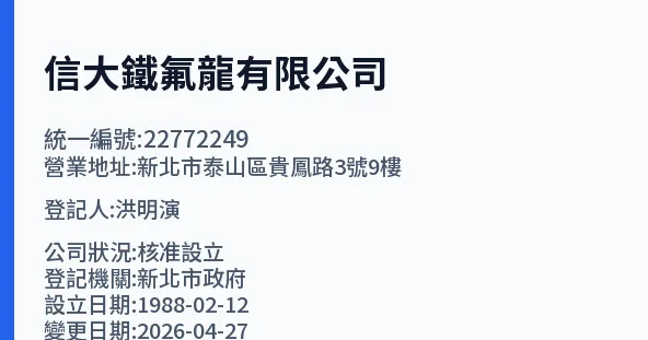 信大鐵氟龍有限公司的照片-統編 22772249(新北市) 公司登記資料與營業項目詳細圖表