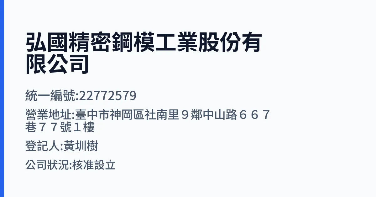 弘國精密鋼模工業股份有限公司 - 統編 22772579(臺中市) 公司登記資料與營業項目詳細圖表