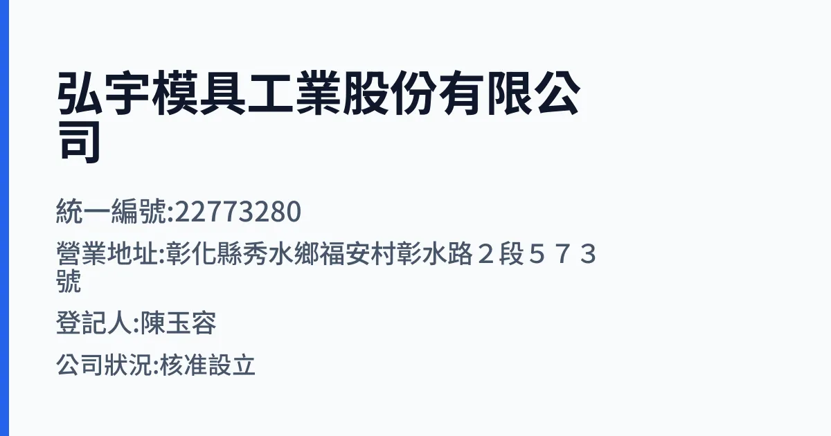 弘宇模具工業股份有限公司 - 統編 22773280(彰化縣) 公司登記資料與營業項目詳細圖表