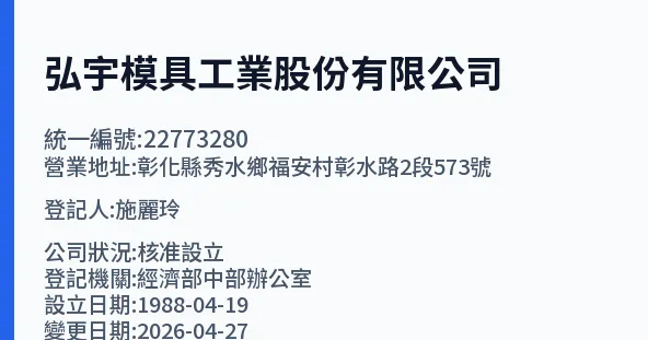 弘宇模具工業股份有限公司的照片-統編 22773280(彰化縣) 公司登記資料與營業項目詳細圖表