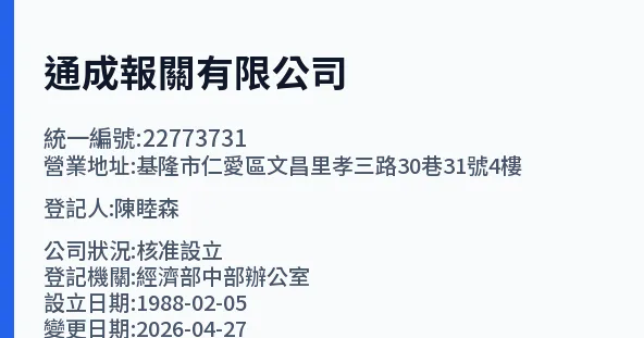 通成報關有限公司的照片-統編 22773731(基隆市) 公司登記資料與營業項目詳細圖表