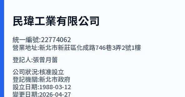 民瑋工業有限公司的照片-統編 22774062(新北市) 公司登記資料與營業項目詳細圖表