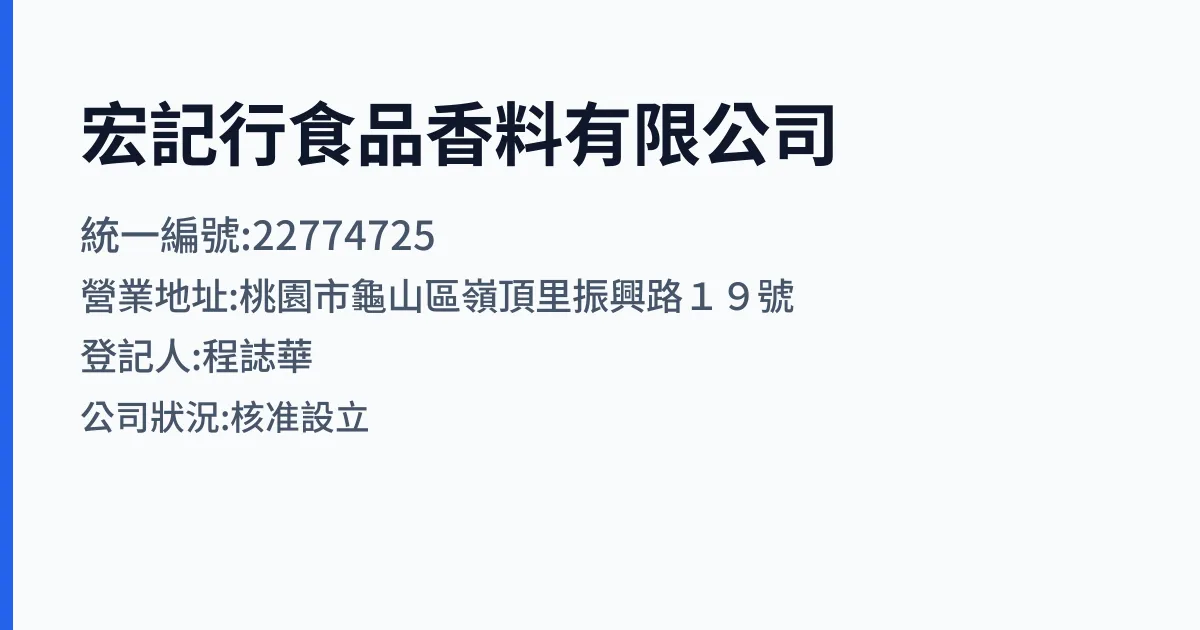 宏記行食品香料有限公司 - 統編 22774725(桃園市) 公司登記資料與營業項目詳細圖表