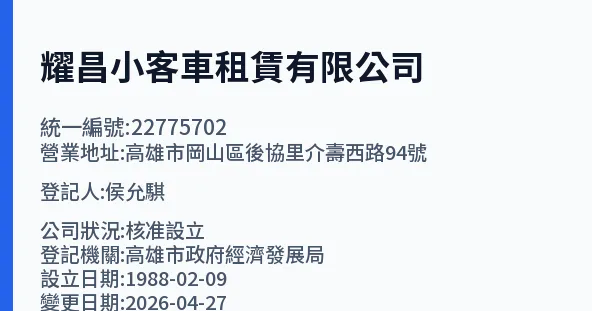 耀昌小客車租賃有限公司的照片-統編 22775702(高雄市) 公司登記資料與營業項目詳細圖表