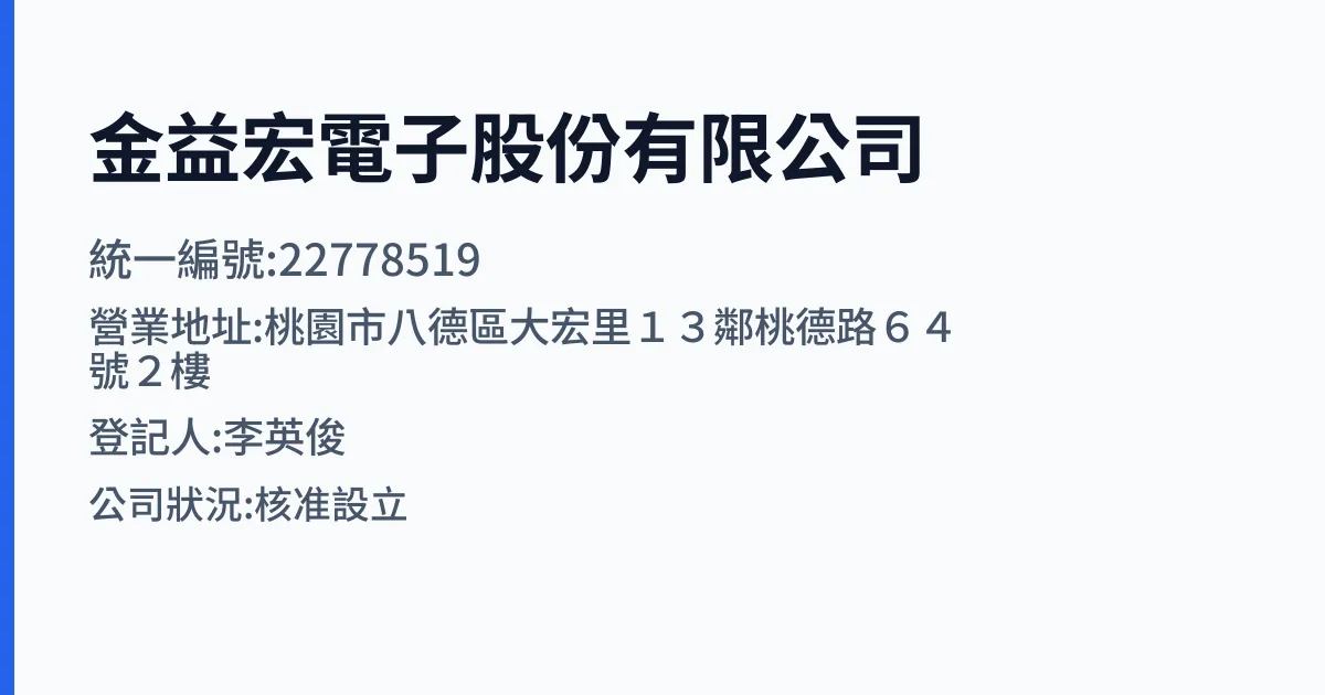 金益宏電子股份有限公司 - 統編 22778519(桃園市) 公司登記資料與營業項目詳細圖表