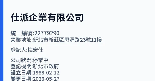 仕派企業有限公司的照片-統編 22779290(新北市) 公司登記資料與營業項目詳細圖表