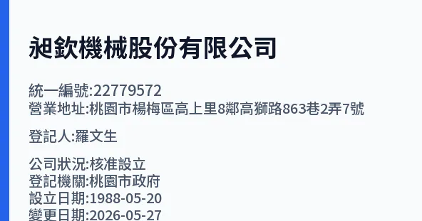昶欽機械股份有限公司的照片-統編 22779572(桃園市) 公司登記資料與營業項目詳細圖表