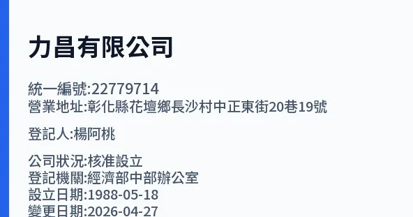 力昌有限公司的照片-統編 22779714(彰化縣) 公司登記資料與營業項目詳細圖表