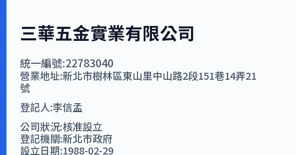 三華五金實業有限公司的照片-統編 22783040(新北市) 公司登記資料與營業項目詳細圖表