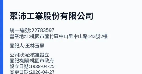 聚沛工業股份有限公司的照片-統編 22783597(桃園市) 公司登記資料與營業項目詳細圖表