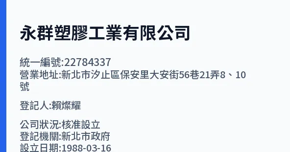 永群塑膠工業有限公司的照片-統編 22784337(新北市) 公司登記資料與營業項目詳細圖表