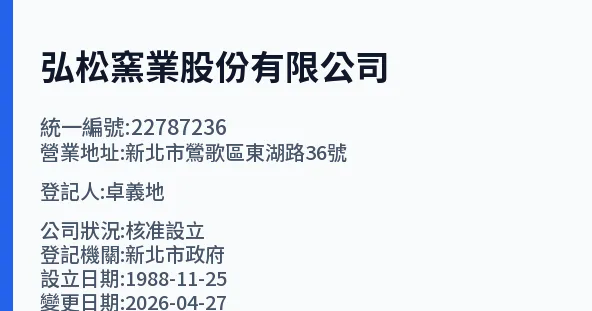 弘松窯業股份有限公司的照片-統編 22787236(新北市) 公司登記資料與營業項目詳細圖表