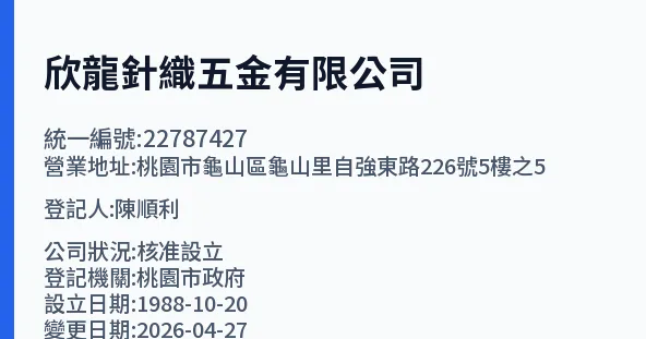 欣龍針織五金有限公司的照片-統編 22787427(桃園市) 公司登記資料與營業項目詳細圖表