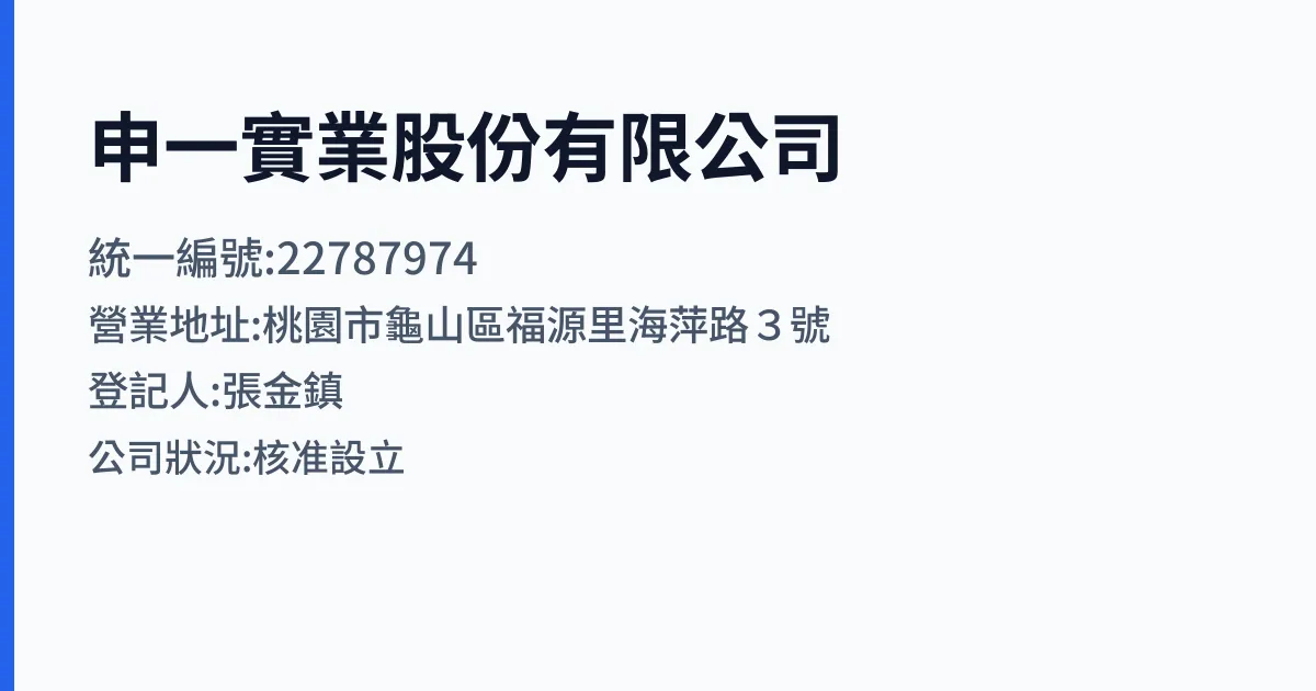 申一實業股份有限公司 - 統編 22787974(桃園市) 公司登記資料與營業項目詳細圖表