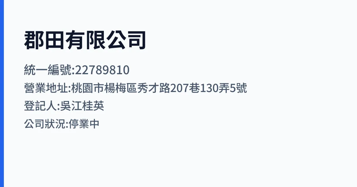 郡田有限公司 - 統編 22789810(桃園市) 公司登記資料與營業項目詳細圖表