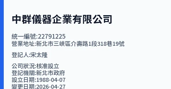 中群儀器企業有限公司的照片-統編 22791225(新北市) 公司登記資料與營業項目詳細圖表