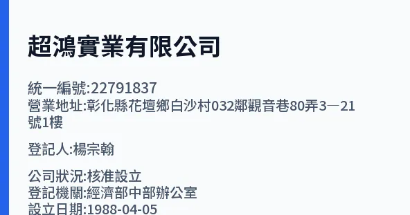 超鴻實業有限公司的照片-統編 22791837(彰化縣) 公司登記資料與營業項目詳細圖表