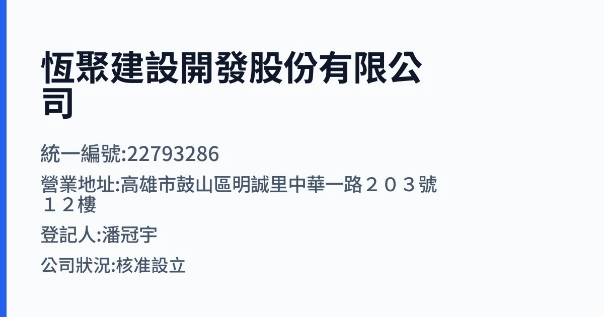 恆聚建設開發股份有限公司 - 統編 22793286(高雄市) 公司登記資料與營業項目詳細圖表