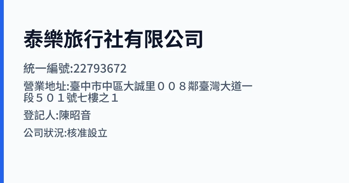 泰樂旅行社有限公司 - 統編 22793672(臺中市) 公司登記資料與營業項目詳細圖表
