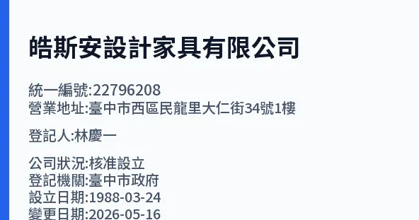 皓斯安設計家具有限公司的照片-統編 22796208(臺中市) 公司登記資料與營業項目詳細圖表