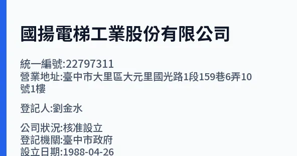 國揚電梯工業股份有限公司的照片-統編 22797311(臺中市) 公司登記資料與營業項目詳細圖表