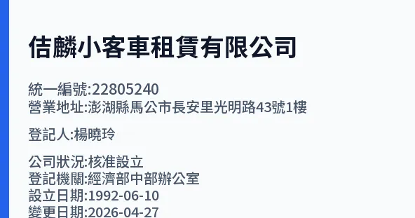 佶麟小客車租賃有限公司的照片-統編 22805240(澎湖縣) 公司登記資料與營業項目詳細圖表