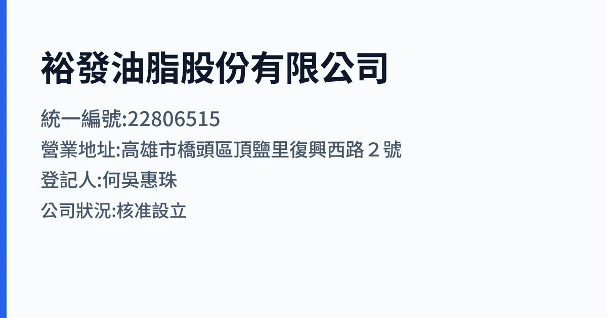 裕發油脂股份有限公司 - 統編 22806515(高雄市) 公司登記資料與營業項目詳細圖表