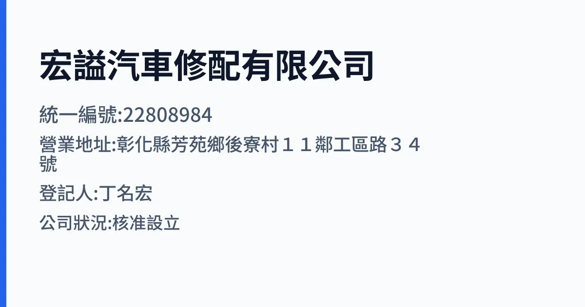 宏謚汽車修配有限公司 - 統編 22808984(彰化縣) 公司登記資料與營業項目詳細圖表