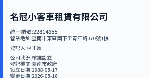 名冠小客車租賃有限公司的照片-統編 22814655(臺南市) 公司登記資料與營業項目詳細圖表