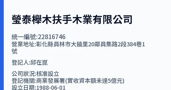瑩泰櫸木扶手木業有限公司的照片-統編 22816746(彰化縣) 公司登記資料與營業項目詳細圖表