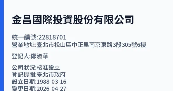 金昌國際投資股份有限公司的照片-統編 22818701(臺北市) 公司登記資料與營業項目詳細圖表