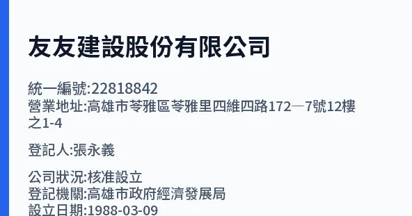 友友建設股份有限公司的照片-統編 22818842(高雄市) 公司登記資料與營業項目詳細圖表