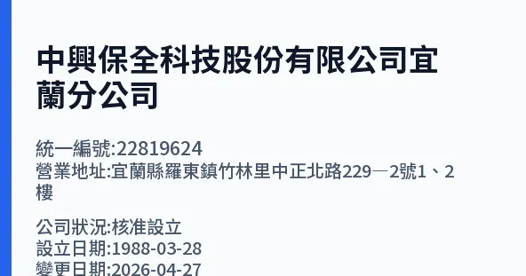 中興保全科技股份有限公司宜蘭分公司的照片-統編 22819624(宜蘭縣) 公司登記資料與營業項目詳細圖表