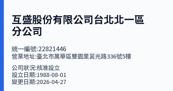 互盛股份有限公司台北北一區分公司的照片-統編 22821446(臺北市) 公司登記資料與營業項目詳細圖表