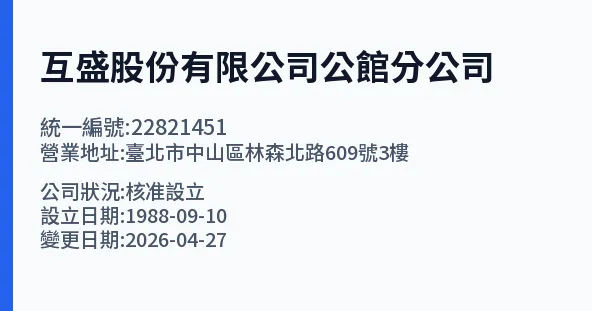 互盛股份有限公司公館分公司的照片-統編 22821451(臺北市) 公司登記資料與營業項目詳細圖表